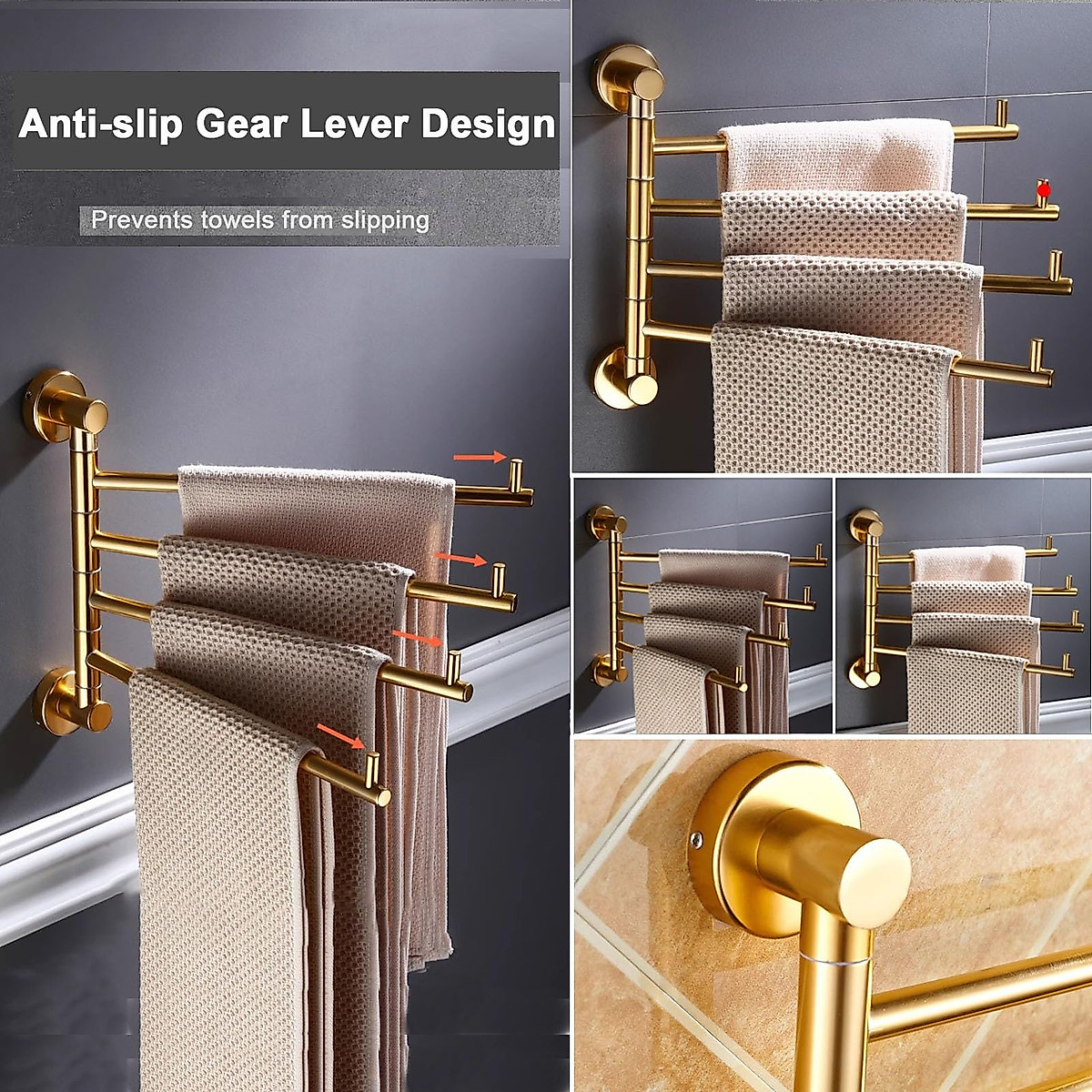 Swivel Gold Bathroom Towel Holder,Swing Out Towel Racks for Bathroom Kitchen,Wall Mount Drying Racks for Laundry,Rustproof Solid Aluminium Towel Hanger Storage Organizer Space Saving Towel Rails (Col