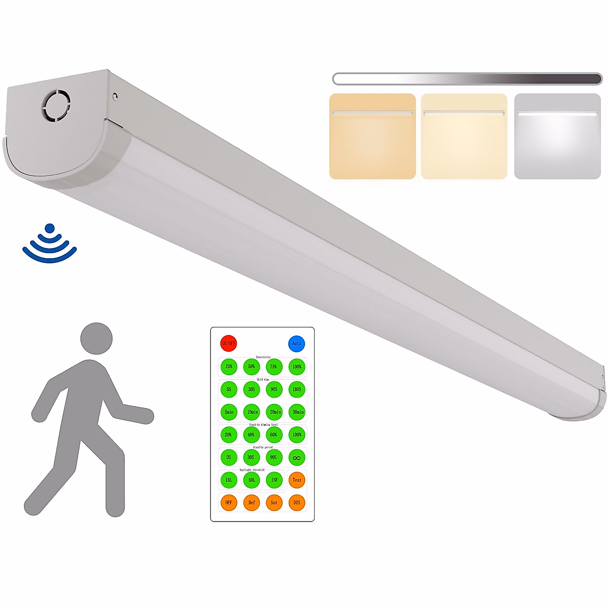 2FT Tri-Level Motion Sensor LED Linear Strip Stairwell Light with Remote 2 Watt CCT Selectable 10W/20W 1250lm/2500lm 3000K/4000K/5000K, IP20, Dimmable 2 Foot Commercial Shop Ceiling Light Fixture, FCC