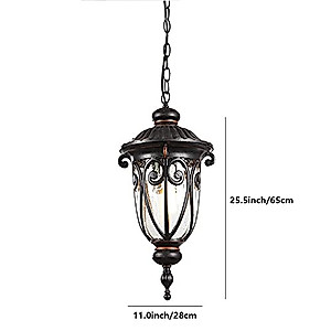 European Outdoor Ceiling Light Hanging Bronze Lantern Brown 16.1" Champagne Hammered Glass Damp Rated Pendant Lights Aluminum Outside for Exterior House Porch Patio Deck Garage Front Door Garden Home