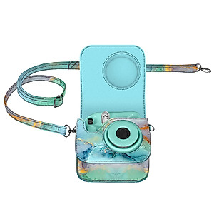 Fintie Protective Case for Fujifilm Instax Mini 7+ Instant Camera - Premium Vegan Leather Bag Cover with Removable Adjustable Strap, Emerald Marble
