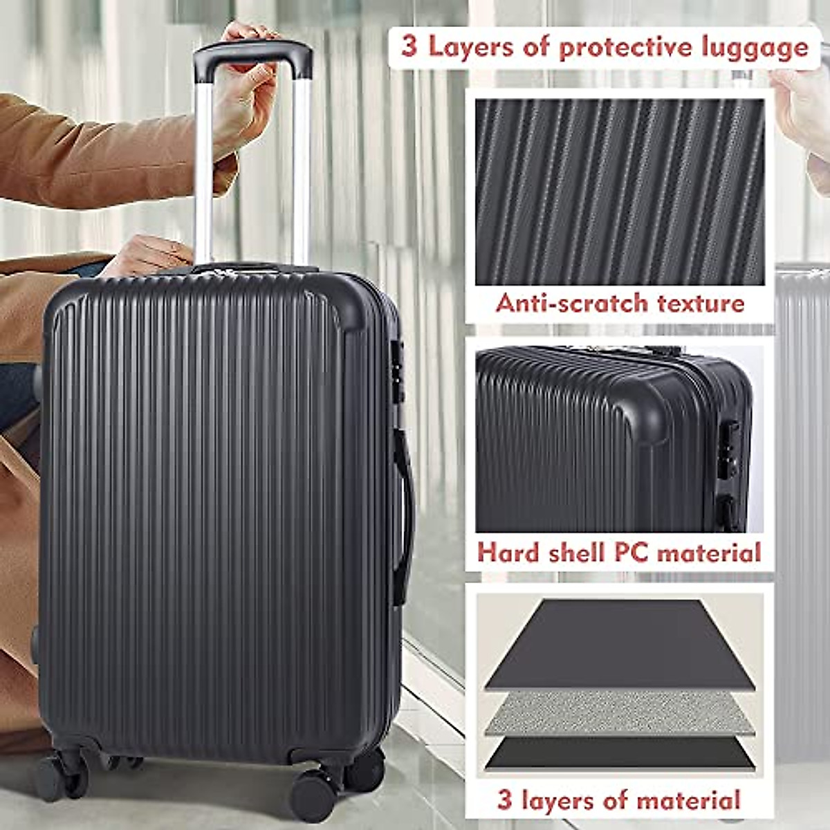 Fujampe 3 Piece Luggage Set Lightweight Hardshell Suitcases 20", 24", 28" Durable PC+ABS Hardside Luggage Sets, Double Spinner Wheels, TSA Lock Ideal for Travel - Black