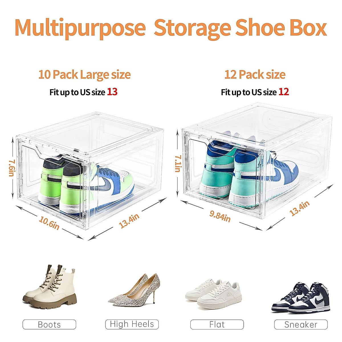 10 Pack Large Shoe Boxes Clear Plastic Stackable,Shoe Storage Organizer with Lids,Shoe Rack for Closet,Shoe Organizer and Shoe Containers for Sneaker Storage, Shoe Display Case Fit up to US Size 13