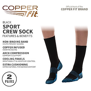 Copper Fit Crew Sport Socks-2 Pack, Black, Small/Medium
