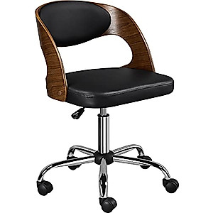 Yaheetech Adjustable Office Chair Armless Desk Chair Walnut Wood Finish Computer Chair Bent Wooden Desk Chair Height Adjustable 360° Swivel Draft Chair with Leather Seat, Black