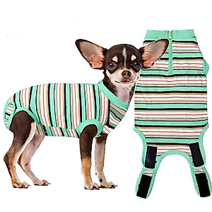 Wabdhaly Dog Surgery Recovery Suit,Surgical Recovery Suit for Small Female Dgos Spay,Zipper Closure,Combed Cotton Breathable Onesie,Multi Green Striped XS