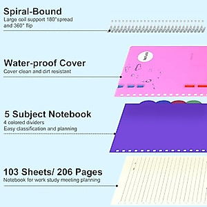 Yoment 5 Subject Notebook with Tabs Dividers Small Spiral Notebook, 6" X 8" Lined Journal Notebooks for School Office Work, 206 Pages Notebooks for Women Men School Meeting,Purple