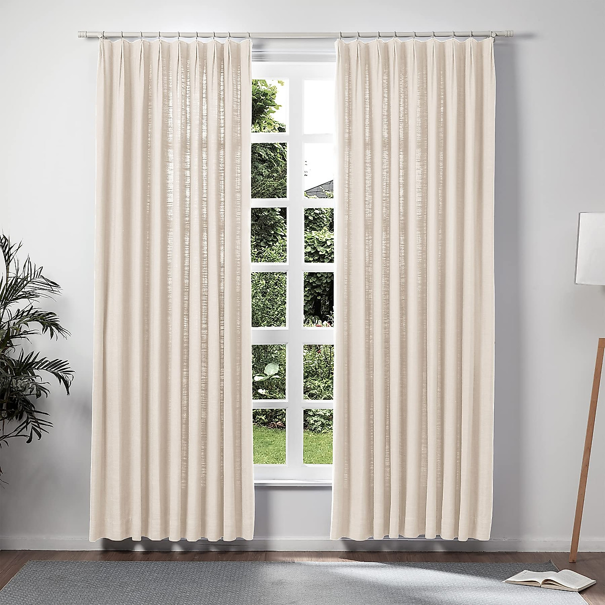 TWOPAGES Double Layer Lined Pinch Pleated Curtain Sand Beige Linen Blend Light Filtering Room Darkening Curtain for Kitchen, Window Treatment Curtain Panel (1 Panel, W26 x L90)