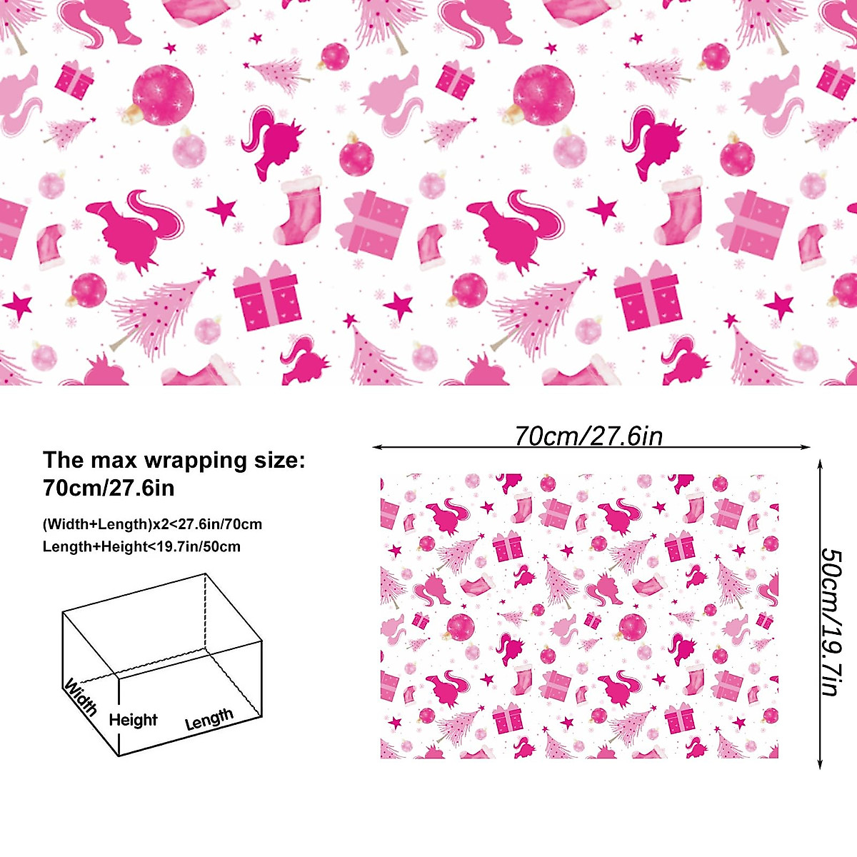 Vnaaem Pink Christmas Wrapping Paper for Girls Kids - Princess Christmas Tree Stocking Gift Design Cute Xmas Gift Wrap for Holiday Party Baby Shower Wedding Winter Birthday, 19.6 X 27.8Inch Per Sheet(6 Sheets)