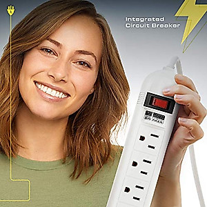6 Outlet Power Strip T-Type - 90 Joules Surge Protector, 14 AWG x 3C, 15 Amp Shock Proof, 3 Prong, White - by Revpex