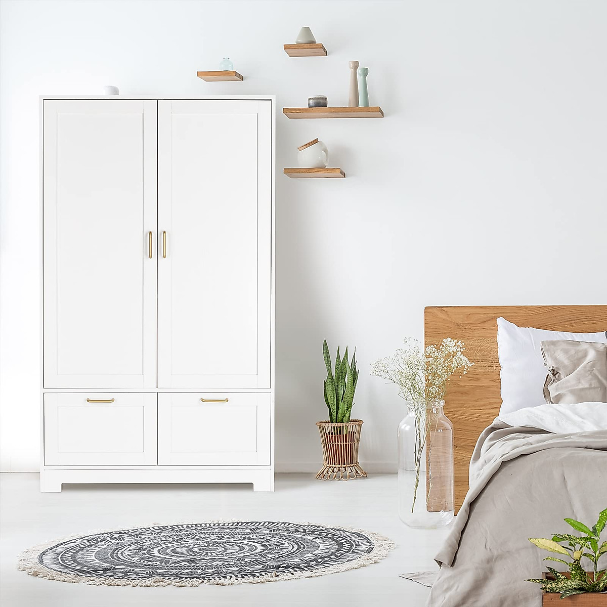 VINGLI Wide White Armoire Wardrobe Closet with Adjustable Shelves and Drawers, 60" Freestanding Closet Wardrobe Cabinet, Armoires and Wardrobes with Doors for Kids' Room, Dorm