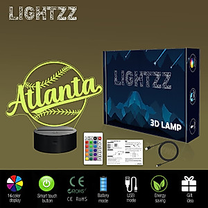 Baseball Gifts, Baseball Night Light, 3D Illusion Lamp for Boys Gift 16 Changing Color Remote Control Kids Room Lighting Ball Decor (Atlanta)