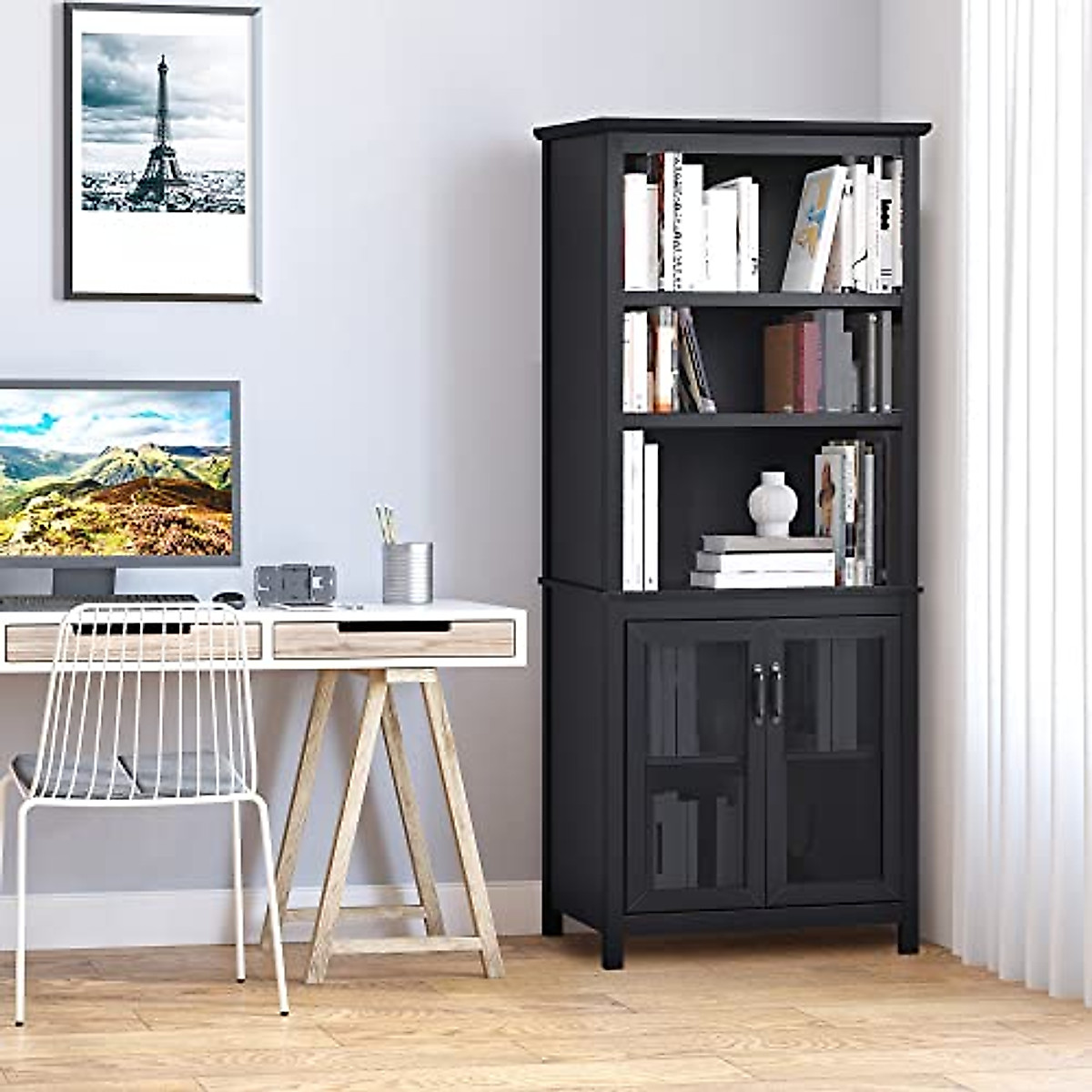 HOMCOM 71" Bookcase Storage Hutch Cabinet with Adjustable Shelves and Glass Doors for Home Office, Kitchen, Living Room, Black