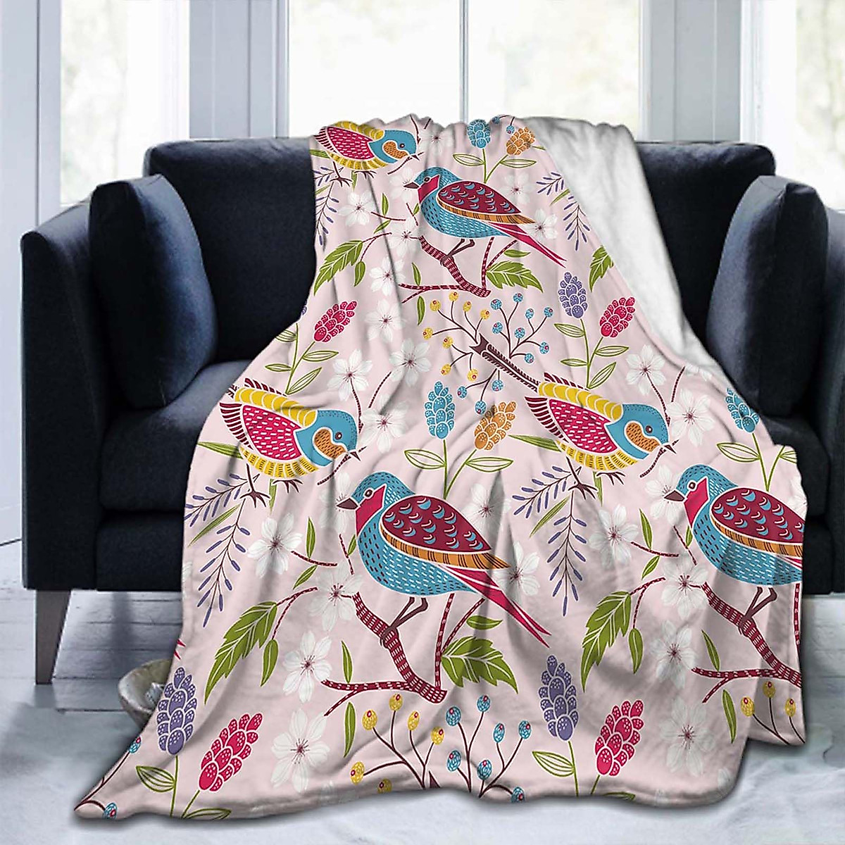 Throw Blanket 50x60 Inch,Bird Flower Floral Summer Flannel Soft Cozy Fluffy Throw Blankets and Warm Throws for Adults in Couch Sofa Bed 60x50 Inch
