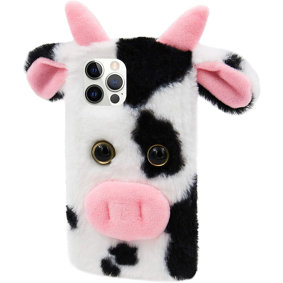 Girlyard Milk Cow Case for iPhone 8 Plus / 7 Plus, Cute 3D Cartoon Dairy Cattle Fluffy Hairy Silicone Cover Fuzzy Warm Faux Stuffed Plush Doll Soft Furry Protective Shell for Women Girls - Black