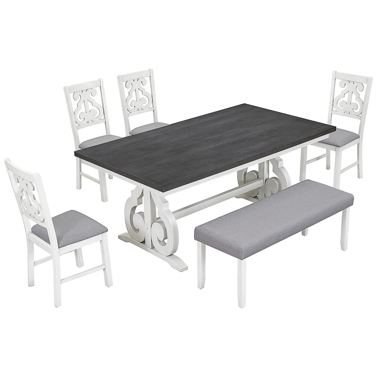 KoiHome Wooden, Farmhouse Rectangular Legs, 4 Carved Hollow Back and Bench for Home Room,Kitchen/Restaurant (Gray+White), 6-Piece Dining Table/Chairs Set