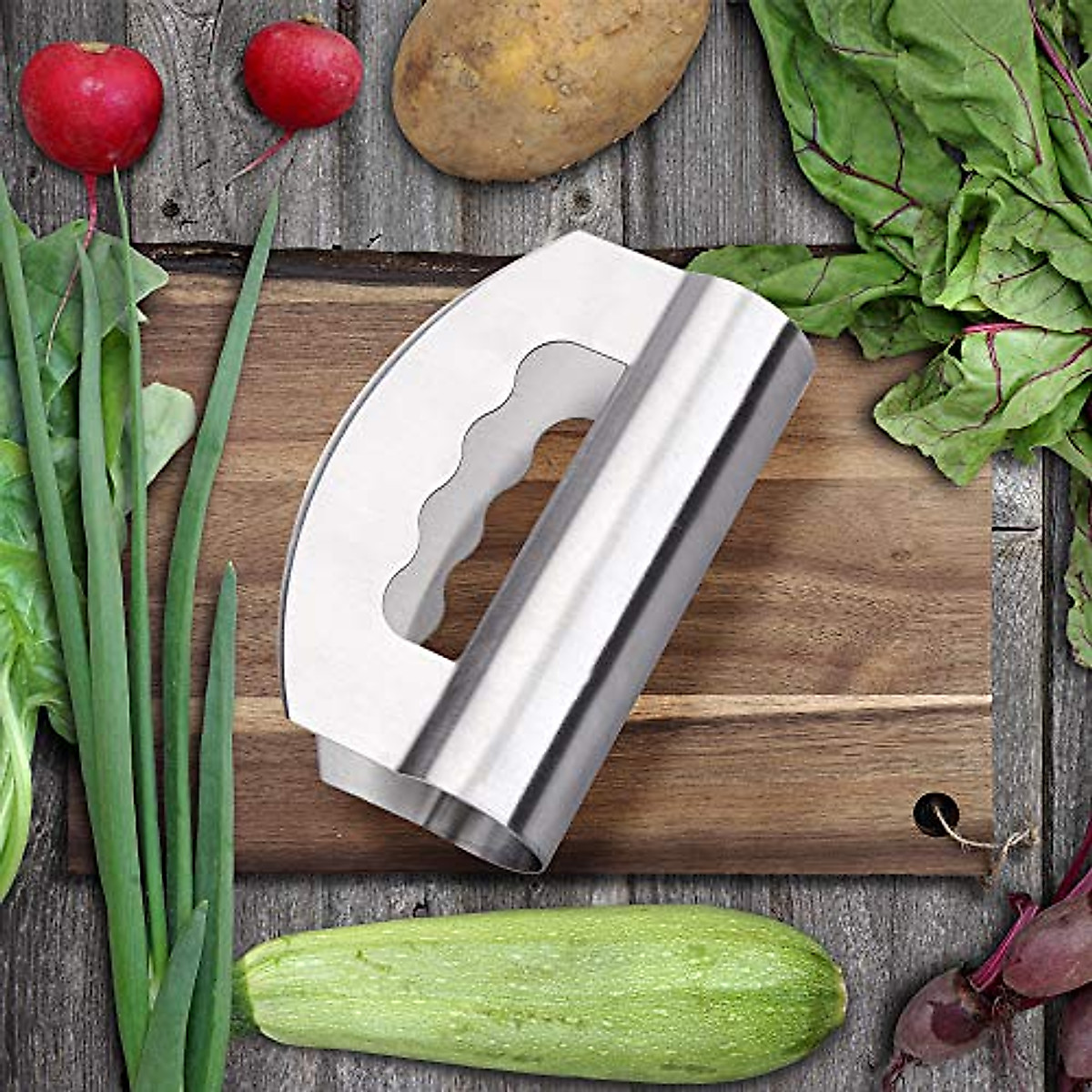 Latauar Mezzaluna Chopper - Double Bladed Salad Chopper with Blade Covers - Stainless Steel Mincing Knife -Rocker Knife - Premium Salad Chopper Knife for Home and Restaurant. Dishwasher Safe.