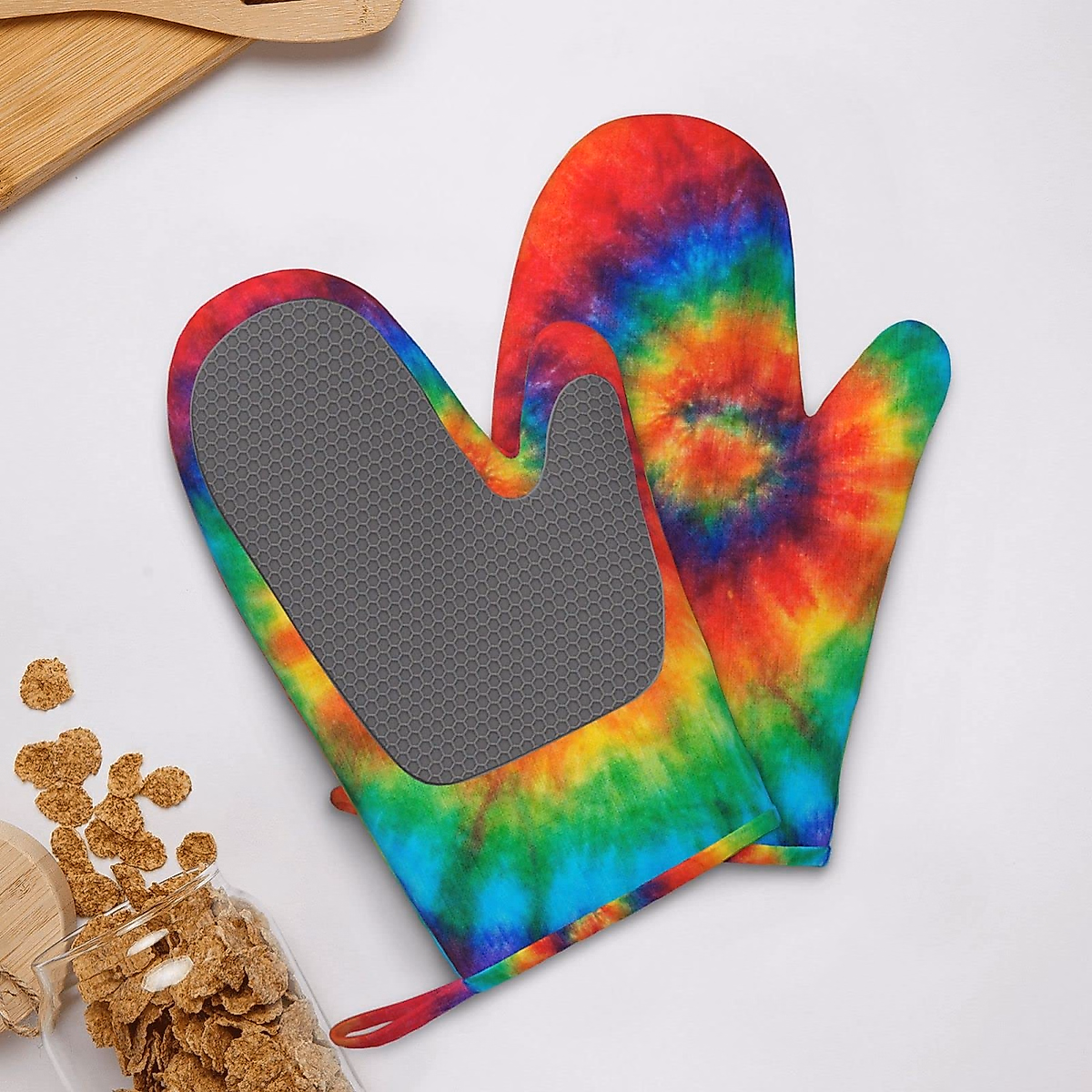Colourful Tie Dye Oven Mitts Silicone Gloves Kitchen Mittens Heat Resistant Non Slip Oven Mitts for BBQ Grilling Cooking Baking, 1 Pair