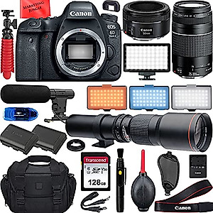 Canon Intl. Canon EOS 6D Mark II DSLR Camera Bundle with EF 50mm f/1.8 STM, EF 75-300mm f/4-5.6 III Lens, 500mm f/8.0, Portable LED Light, Microphone, Extra LP-E6 Battery + More 1897C002, Black