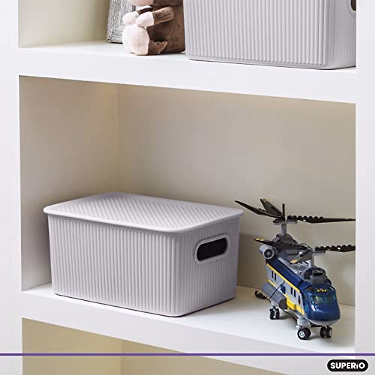 Superio Ribbed Collection - Decorative Plastic Lidded Home Storage Bins Organizer Baskets, Medium White Smoke (1 Pack - 5 Liter) Stackable Container Box, for Organizing Closet Shelves Drawer Shelf