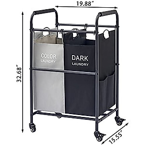 Tajsoon 2 Bag Laundry Sorter Cart, Laundry Hamper Sorter Basket with Heavy Duty Lockable Rolling Wheels for Clothes Storage, Black & Grey