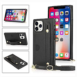 DEFBSC Crossbody Case for iPhone 12, iPhone 12 Pro Case 5G, Finger Strap Wallet Case with PU Kickstand and Adjustable Detachable Crossbody Strap Card Slot Heavy Duty Protective Square Cover-Black