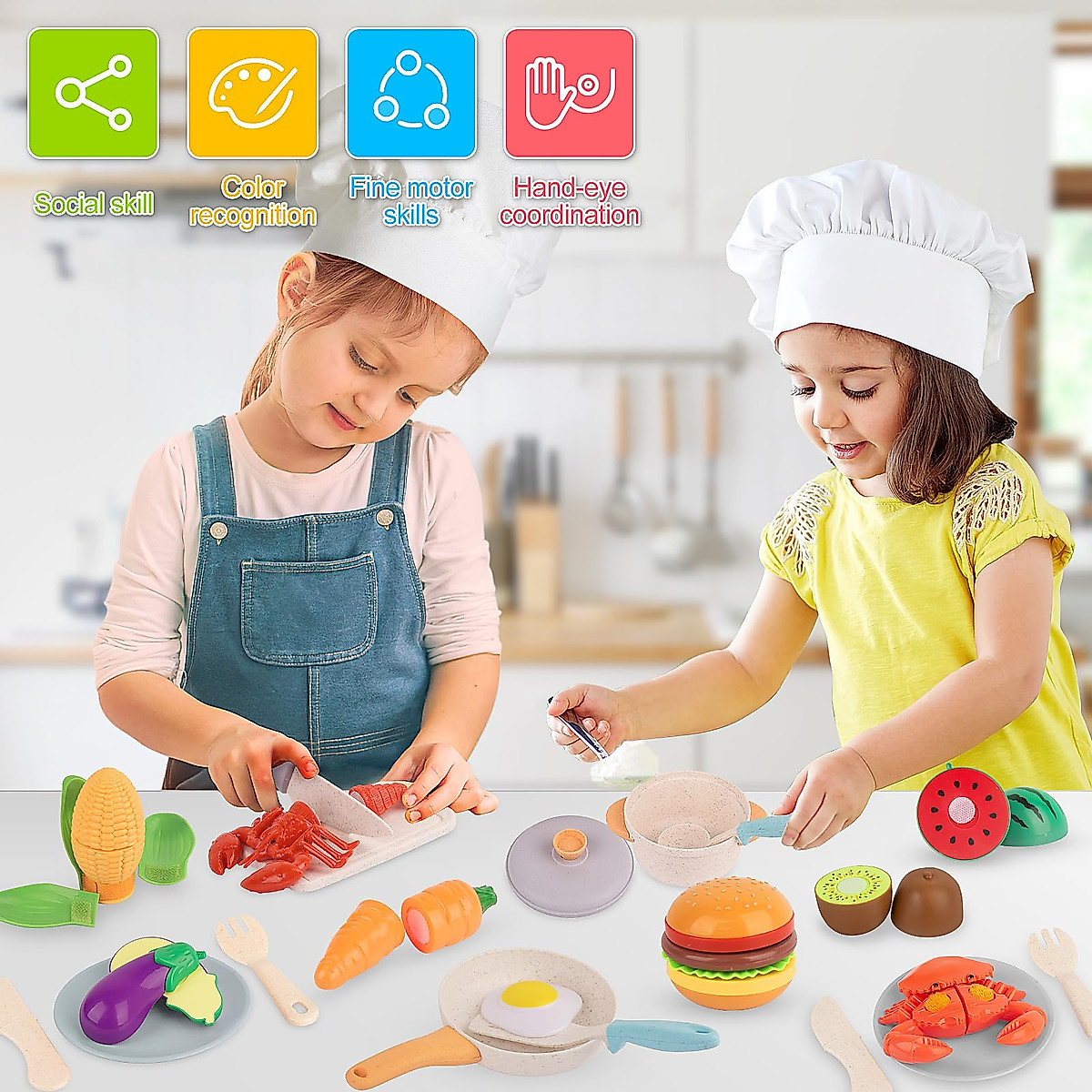 TUEHUTDE 50PCS Play Kitchen Accessories, Kids Kitchen Toy Toddler Cooking Playset with Play Pots and Pans, Kettle, Cups, Utensils Cookware Toys, Play Food, Toy Vegetables Fruit Gift for Girls Boys