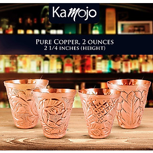 Kamojo Pure Copper Shot Glasses (Set of 4) - Moscow Mule Drinking Shot Glass for Home, Kitchen, Bar - Barware Drinking Glass for Tequila Vodka Cocktail Shooters - Custom Embossed Metal Drinkware Gift