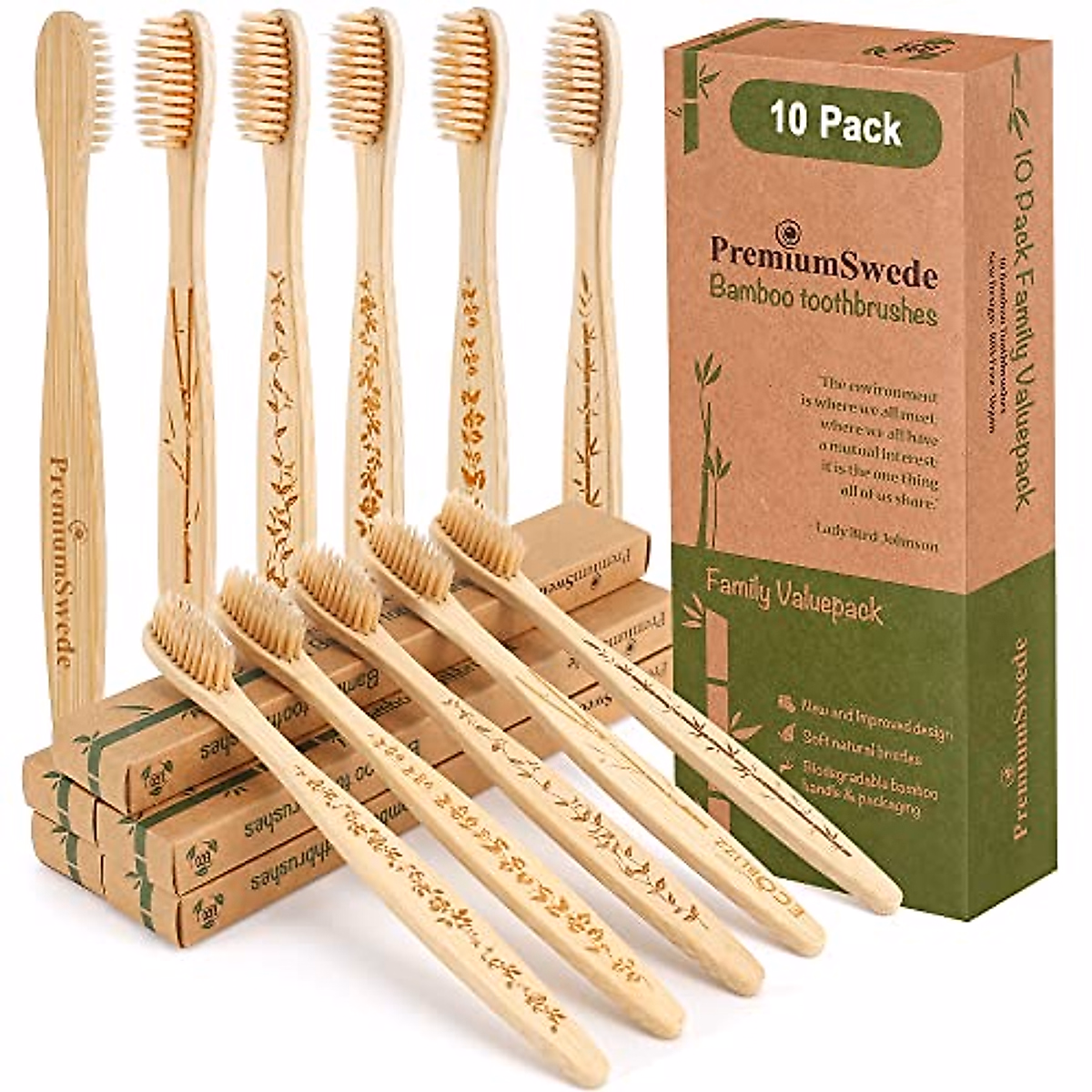 Premiumswede Bamboo Toothbrushes - Biodegradable Eco Friendly Soft Toothbrushes for Adults, Kids - Natural Wooden Toothbrushes with Soft Bristles - 10 Pcs Family Toothbrush Pack