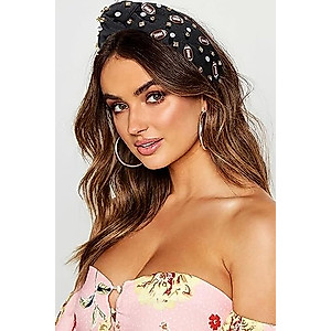 Football Headband Pearl Rhinestone Jeweled Knotted Headband Fun Sports White Hot Pink Black Blue Football Embellished Wide Top Knot Hairband Headpiece Game Day Sports Hair Accessories Gift for Football Mom Fans (black football headband)