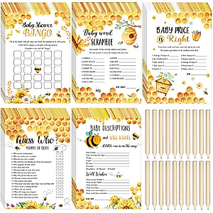 Sherr 145 Pcs Baby Shower Games Gender Neutral Set Include 125 Pcs 5 Kinds Gender Reveal Games and 20 Pencils for Baby Shower Decorations (Bee)