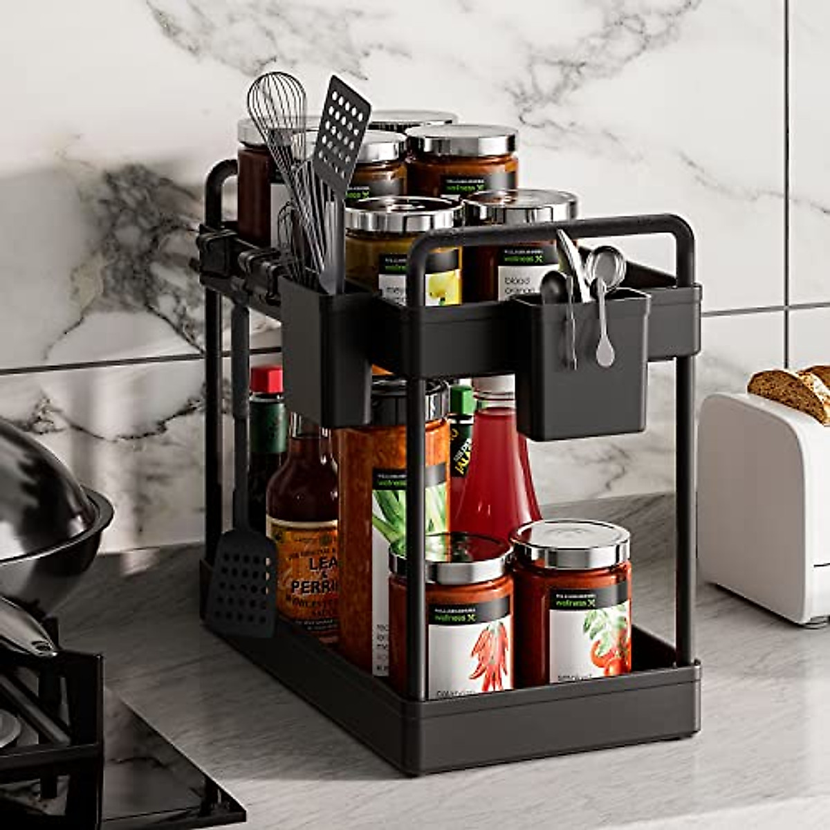 2 Pack Under Sink Organizer, 2 Tier Kitchen Under Sink Cabinet Organizers and Storage with Cups and Hooks, Black Bathroom Under Sink Shelf Organizer Basket, Multi-purpose Under Sink Storage