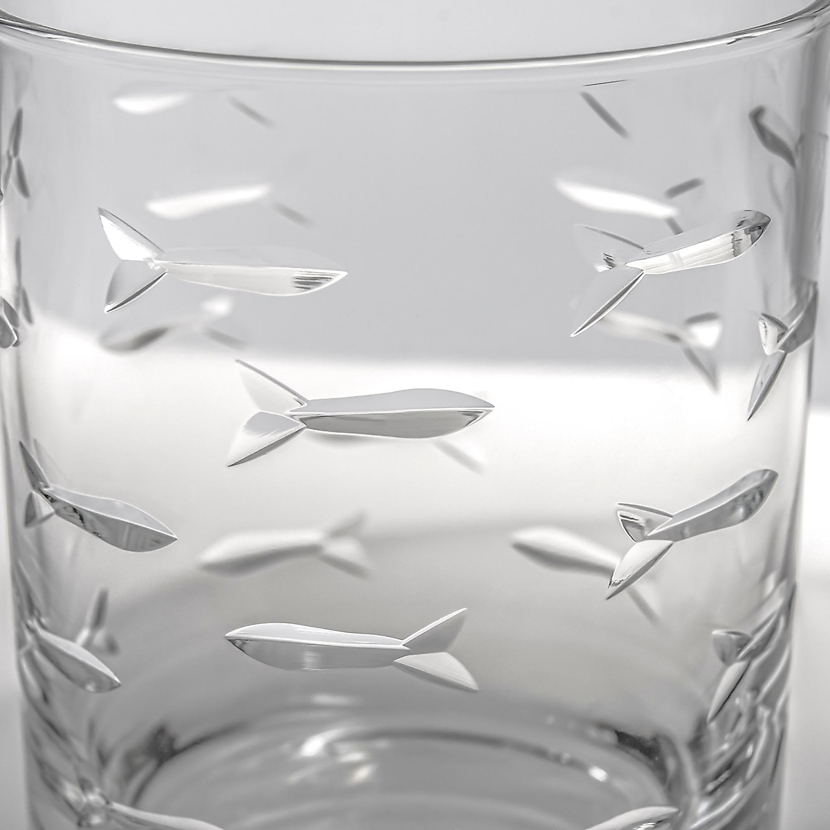 Rolf Glass School of Fish 13oz Double Old Fashioned Glass | Whiskey Glass Set of 4 | Lead-Free Glass | Engraved Tumbler Glasses | Designed and Engraved in the US