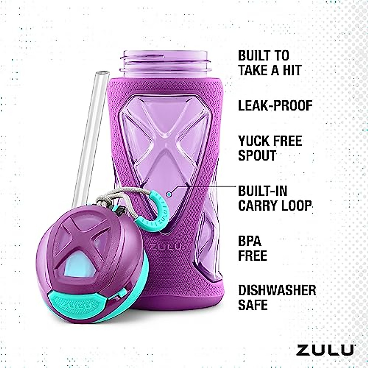 Zulu Torque 16oz Plastic Kids Water Bottle with Silicone Sleeve and Leak-Proof Locking Flip Lid and Soft Touch Carry Loop for School Backpack, Lunchbox, Outdoor Sports, Dishwasher Safe, Purple