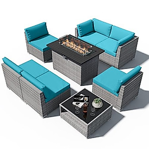 EAGLE PEAK 8 Piece Outdoor Wicker Patio Furniture Set with Fire Table and Coffee Table, PE Rattan Sectional Conversation Sofa Set with Seating for 6 People, Light Blue
