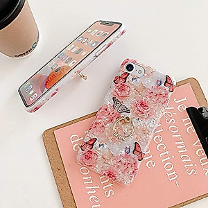 Qokey Compatible with iPhone SE Case 2022/2020,iPhone 8 Case,iPhone 7 Case 4.7 inch Flower Cute Fashion Cover for Women Girl 360 Degree Rotating Ring Kickstand Soft TPU Shockproof Cover Rose Butterfly