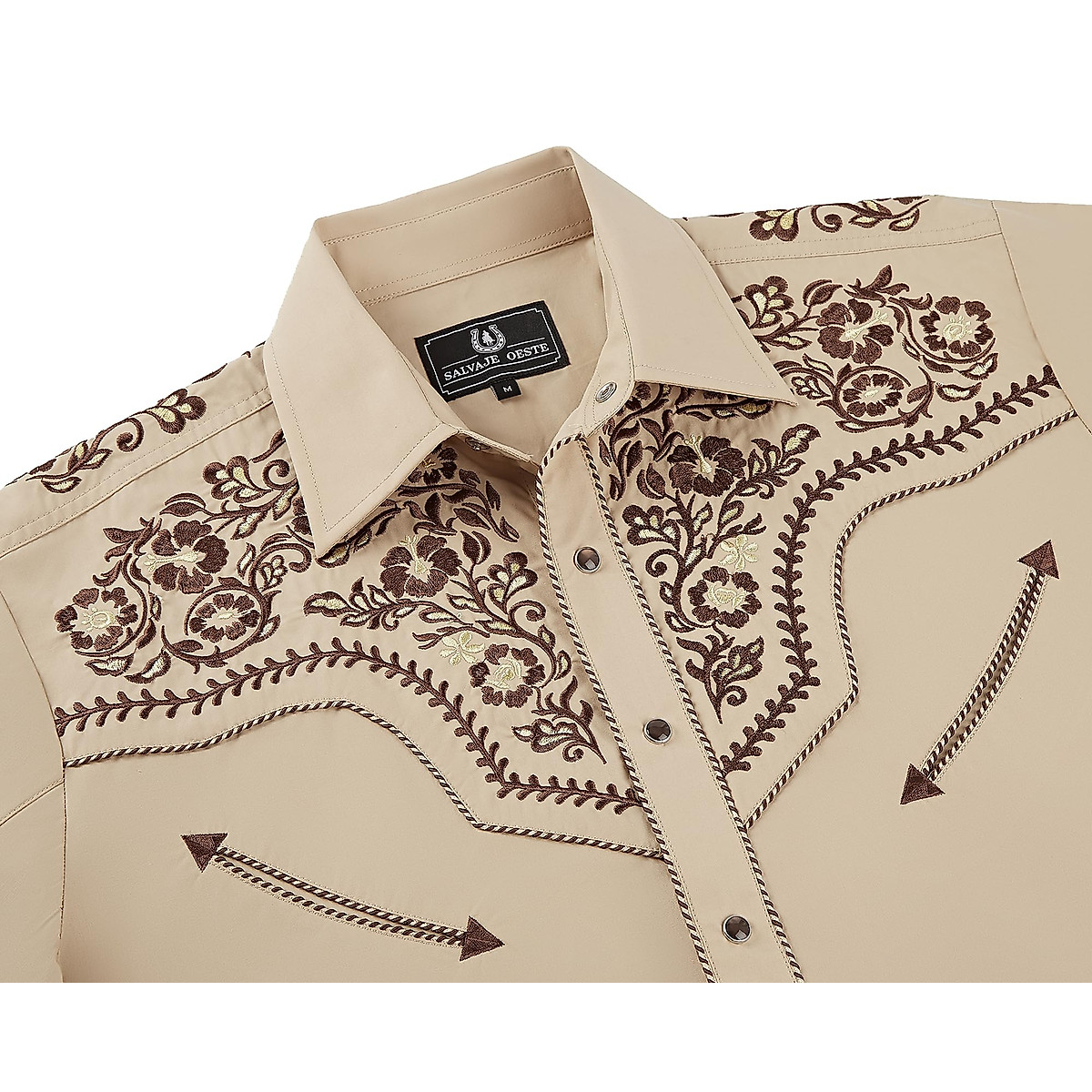 SALVAJE OESTE Western Embroidered Cowboy Shirts for Men, Casual Button Down Long Sleeve Shirt Floral Design Retro Shirt Khaki