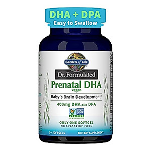Garden of Life Dr. Formulated Prenatal Vegan DHA - Certified Vegan Omega 3 Supplement with 400mg DHA + DPA from Algal Omega 3 in Triglyceride Form, Non-GMO Algae Omega 3 for Vegans, 30 Softgels