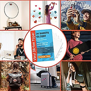 Premium Printable Vinyl Sticker Paper for Inkjet & Laser Printer - 34 Sheets Self-Adhesive Sheets Glossy White Waterproof, Dries Quickly Vivid Colors, Holds Ink well- Tear Resistant (Glossy)
