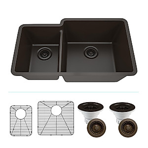 32" x 19" Quartz Kitchen Sink, 40/60 Double Bowl Kitchen Sinks, Drop-in Sink, Undermount Sink, Galaxy Mocha Kitchen Sink, Double Sink Kitchen, Grids, Strainer and Flange, Lexicon Platinum LP-4060-M