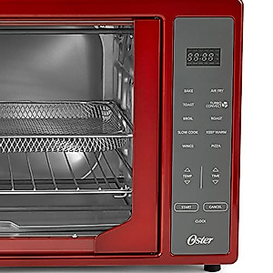 Oster Extra Large Single Pull French Door Turbo Convection Toaster Oven with 2 Removable Baking Racks, 60-Minute Timer, & Adjustable Temperature, Red
