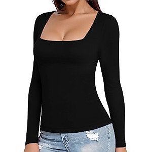 MANGOPOP Womens Long Sleeve Square Neck T Shirts Tops Fitted Tees(Black, Medium)