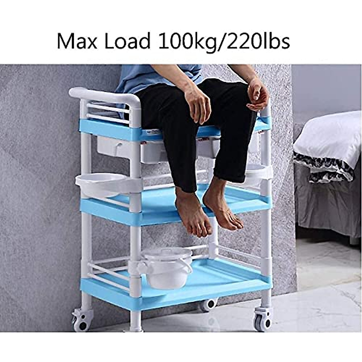 3 Tier Hospital Medical Utility Cart on Wheel, Blue Abs Beauty Salon Equipment Rolling Trolley with Dirt Bucket Drawers, 100-150Kg Load 54×3