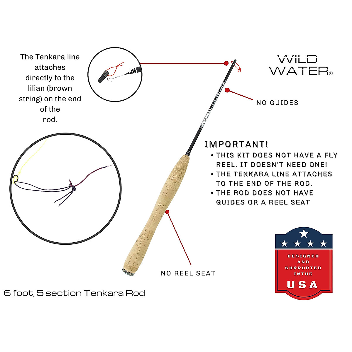 Wild Water Fly Fishing Tenkara Rod, 6 Foot, 5 Section IM8 Graphite Telescopic Rod with Cork Handle, Hard Tube Rod Case and Knitted Rod Sock