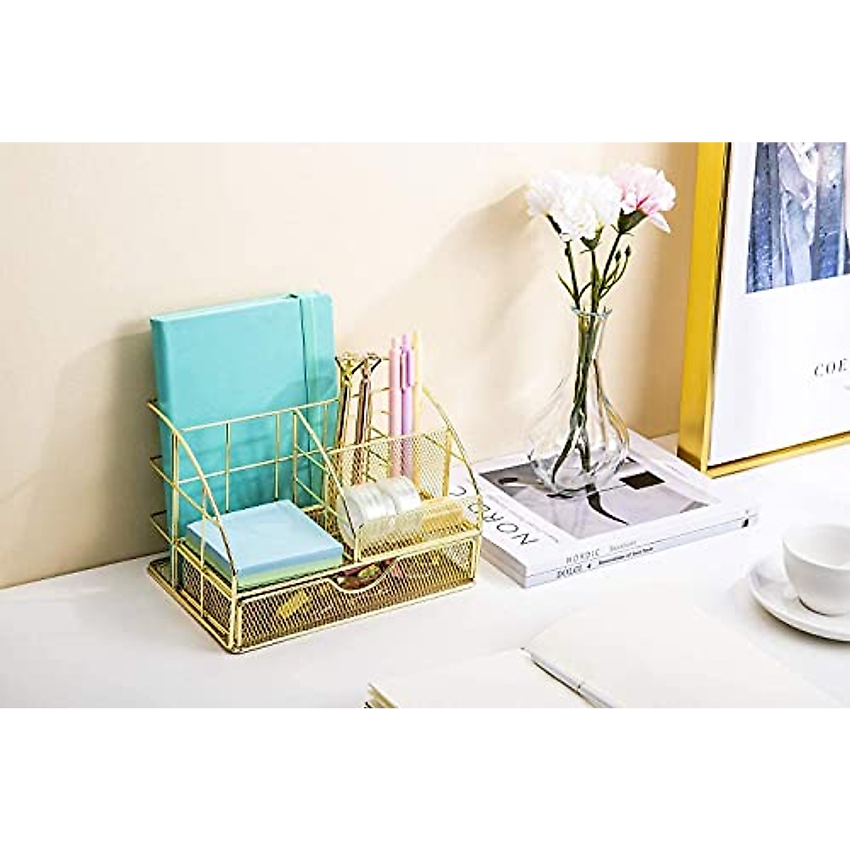 POPRUN Desk Organizers and Accessories for Women with Drawer, Cute Desk Supplies and Stationary Oganizer for Home and Office Desk Decor, Metal Mesh Desk Organization and Storage (Gold)