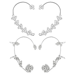 LOREMOW 2 Pair CZ Flower Ear Clip Earrings for Women Clip on Earrings Non Pierced Earring Wrap Earrings Set Silver