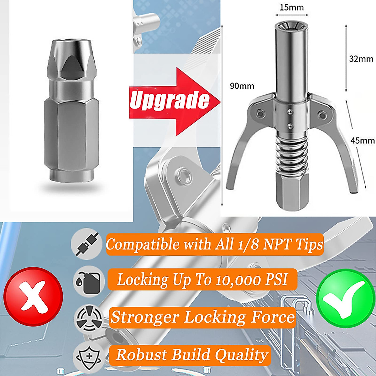 FACITE Grease Gun Coupler Grease Gun Tip Quick Lock and Release Lube Grease Gun Fittings Grease Nozzle Coupler Upgraded to 12000 Psi,Compatible with All Grease Guns 1/8" Npt