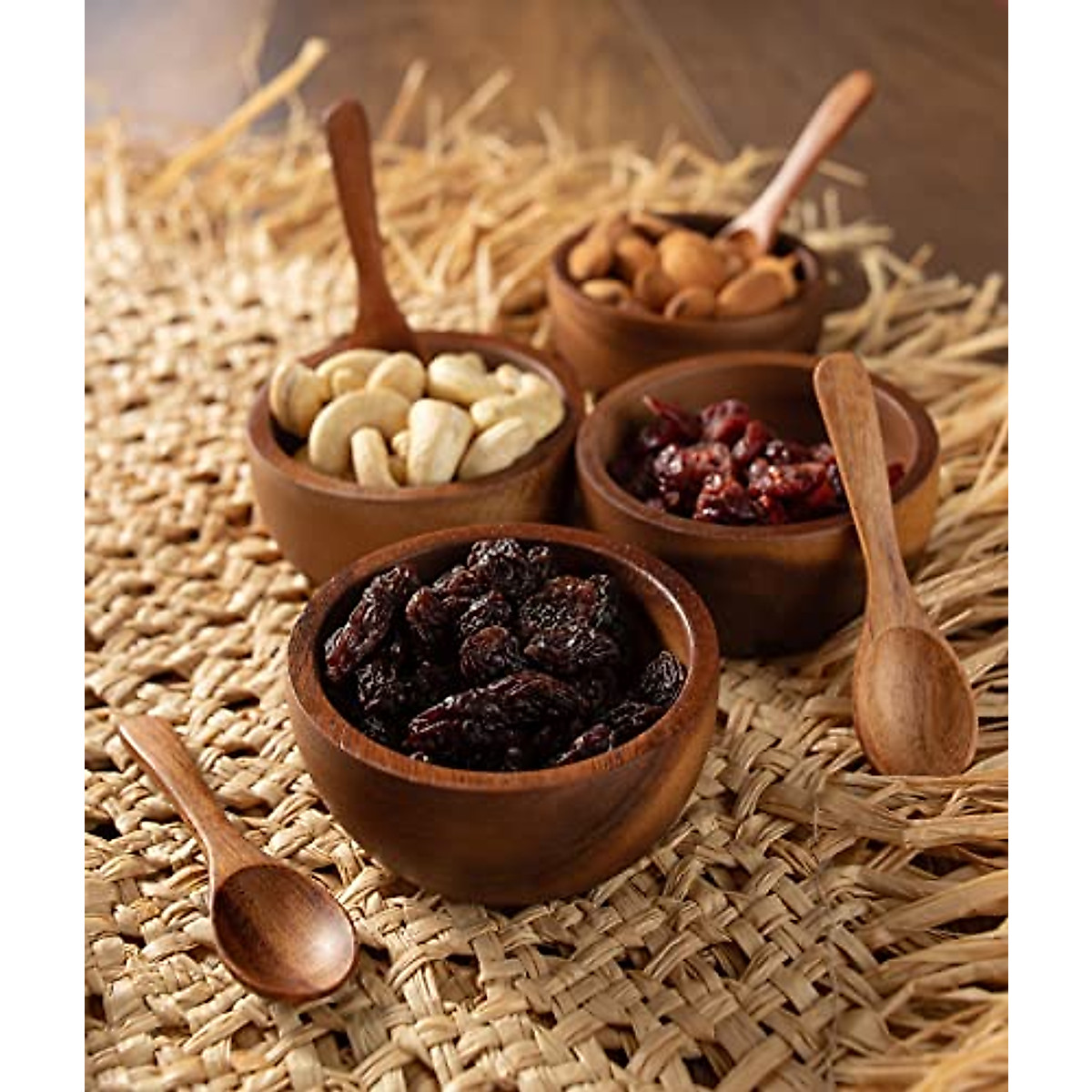 MINIATURE DOLL SIZE Tiny 2¾" Dia Acacia Calabash Wood Bowl for Condiments, Dip Sauce, Nuts, Ketchup, Jam, Herb, Prep, Olive, Salsa, Round Wooden Brown Bowl 2.75"x1.5" H Set of 4 (FREE 4 Wood Spoons)