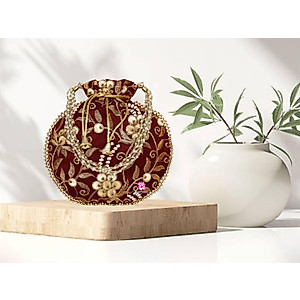 Bridal Bag for Women Indian Ethnic Potli Drawstring Purse Handbag Embroidered Floral Bag Batwa Wedding Jewelry Pearls Handle Clutch (H*L-23x24CM Maroon)