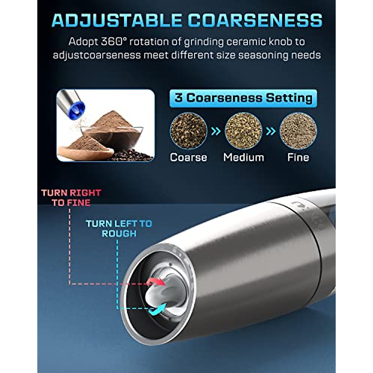 Gravity Electric Salt and Pepper Grinder Set, Automatic Pepper and Salt Mill Grinder,Battery-Operated with Adjustable Coarseness, Premium Stainless Steel with LED Light, One Hand Operated