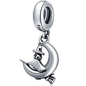 Witch Riding Broom Over The Moon Charms, Halloween Charm, Fit Pandora Bracelet, 925 Sterling Silver Dangle Tiny Beads, Gift for Children/Friends
